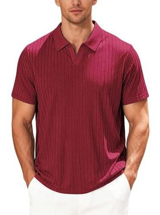Generic Polo d&eacute;t&eacute; tendance et respirant &agrave; rayures avec col en V et &eacute;lastique pour homme, Rouge-b, 3XL