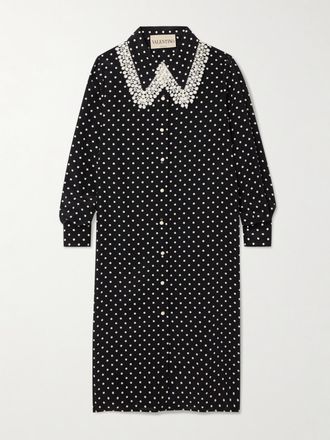 Valentino Garavani Robe Midi En Cr&ecirc;pe De Chine De Soie Imprim&eacute;e &Agrave; Pois Et &Agrave; Finitions En Dentelle - Noir