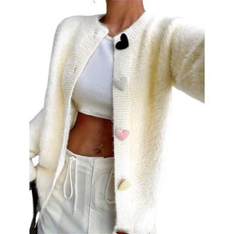 Generic Cardigan en tricot pelucheux pour femme - Couleur unie - Motif coeur arc-en-ciel - Confortable - Manches longues, abricot, XL