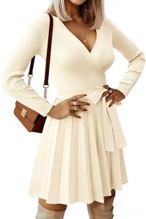 Heekpek PASUDA Robe Pull Femme Chic et Elegant Hiver Col en V Manches Longues Robe Casual Taille Haute A-Line Jupe Tunique Automne Tricot Robes pour Fête Soir