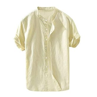Generic Chemise Henley en coton et lin pour homme - Chemisier ample &agrave; manches en coton m&eacute;lang&eacute; - Chemises courtes - Chemisier r&eacute;tro l&eacute;ger pour homme, kaki, 3X
