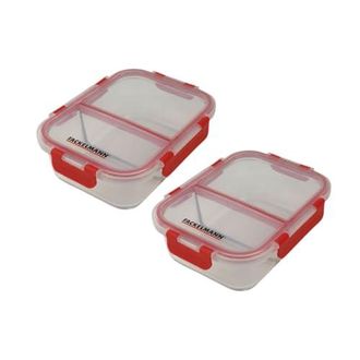 Fackelmann Fackelmann 9941750 Vorratsdosen aus Glas mit 2 F&auml;chern, 1050 ml, Lunchbox aus Glas und luftdichtem Deckel mit Clips, Glas, Kunststoff, Rot, 21 x 16 cm