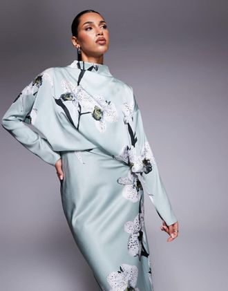 Asos Robe longue satinée coupée en biais à fleurs oversize avec col montant et manches façonnées - Vert sauge-Multicolore
