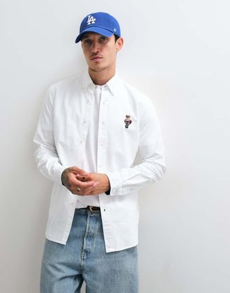 Polo Ralph Lauren chemise oxford bross&eacute;e Custom Fit &agrave; logo ours blanche