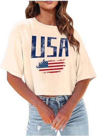 Generic Haut court patriotique d&eacute;contract&eacute; pour femme - Motif graphique 2025 - Style athl&eacute;tique - Ample - Col rond - Coupe ample - Mignon - Manches courtes - 