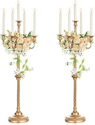 Nuptio Nuptio Centre de Table Or 5 Bougies: 88cm Set de 2 Chandeliers de Sol Hauts en M&eacute;tal R&eacute;tro pour Maison, Mariage, No&euml;l, Halloween, Anniversaire