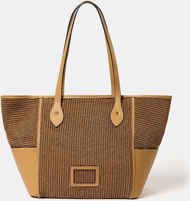 The Raffia Tote - Sand Raffia & Madras Grain Leather
