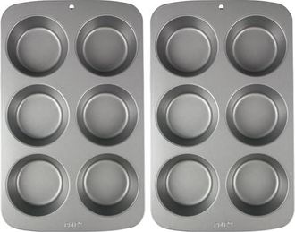 PME Gro&szlig;e antihaftbeschichtete Muffinform mit 6 L&ouml;chern aus Karbonstahl, Silver (Packung mit 2)