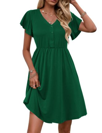 Zeagoo Sommerkleid Damen Freizeit Rüschen Kleider Kurzarm Elegant Minikleid Einfarbig A-Linie Strandkleid Swing Knielang Kleid Grün L