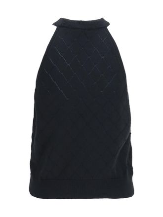 Balmain Womens Sleeveless Wool Crewneck Top Noir Merino Ovis Aries
