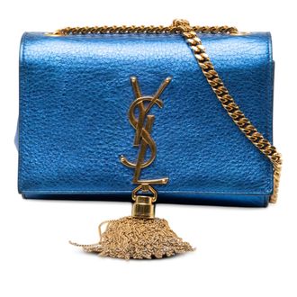 Saint Laurent Blue Small Metallic Calfskin Monogram Kate Tassel Crossbody