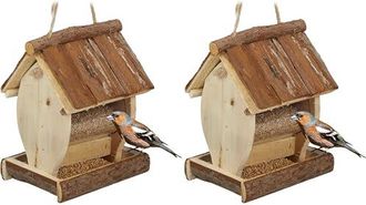 Relaxdays Vogelfutterhaus Holz, zum Aufh&auml;ngen, Garten, Vogelfutterspender Kleinv&ouml;gel, HxBxT 19,5 x 15 x 12,5 cm, Natur (Packung mit 2)
