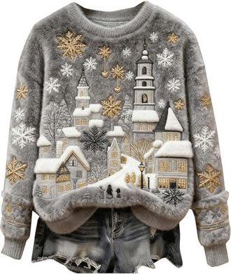Generic Pull de Noël en flanelle pour femme - Imprimé chat mignon à paillettes - En coton - Col rond - Pull en polaire - Tunique habillée et décontractée - Po