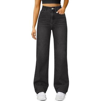 Generic Jean pour femme avec jambes larges, taille haute, baggy denim, &eacute;l&eacute;gant, confortable, pantalon de loisirs, pantalon boyfriend, pantalon en denim d&eacute;cont