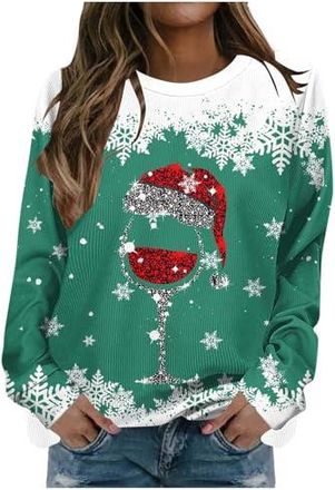 Generic Obertiele Pull de No&euml;l &eacute;l&eacute;gant pour femme Motif verre de vin rouge dr&ocirc;le Pull de No&euml;l pour adolescentes Filles Pull dhiver Costume de No&euml;l pour femmes