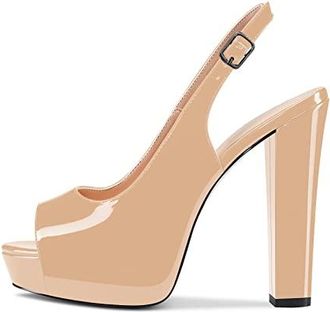 Castamere Femmes Bloc Chunky Haut High Plate-forme Talon Heel Ouvert Bout Sandales Slingback Mariage Slip-on Escarpins Clear Cute Dress Chaussures Beige Vernis 