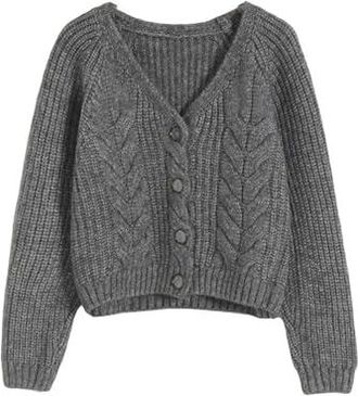 Generic Pull de printemps torsad&eacute; taille haute col en V bouton tendance couleur unie cardigan en tricot ample pour femme, Gris, XXL