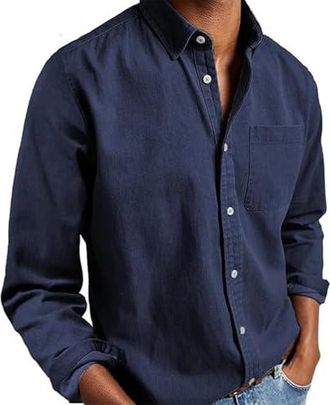 Generic Ffmani Shirts Chemise unie à manches longues et boutons pour homme, bleu marine, L