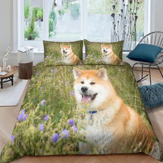 Generic Bettw&auml;sche 220x240 cm Shiba Inu 3 Teilig Bettbezug 220 x 240 Gr&uuml;Ne Wiese Bettw&auml;sche-Sets 3D Weiche Mikrofaser Bettbezug Set mit Rei&szlig;verschluss + 2 Kis