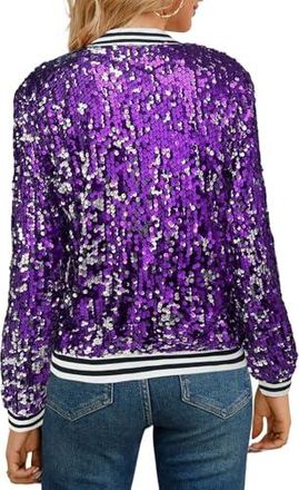 Generic Veste courte &agrave; paillettes pour femme - Ouvert sur le devant, manches longues et fermeture &eacute;clair - Manteaux d&eacute;contract&eacute;s &agrave; paillettes, v&ecirc;tements dext&eacute;