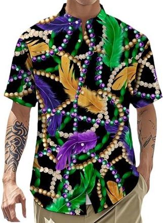 Generic Chemise Mardi Gras pour homme - Col &agrave; bande - Manches courtes - Chemise hawa&iuml;enne boutonn&eacute;e - Tendance - D&eacute;contract&eacute;e - Vacances quotidiennes, Perles 