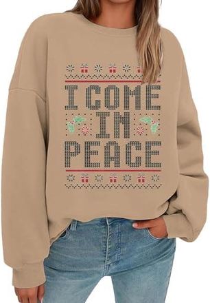 Generic Sweat-shirt de Noël pour femme - Imprimé tendance - Col rond - Sans capuche - Uni, Pull kaki pour femme, 3XL