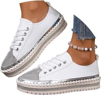 Minetom Baskets Mode Femme Tennis Paillettes Sneakers Basse en PU Cuir avec Strass Brillants Chaussures À Lacets De Nightclub A Blanc 38 EU