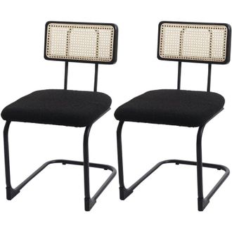 Hhg jamais utilis&eacute;] Lot de 2 chaises &agrave; pi&eacute;tement luge 712, chaise &agrave; dossier, bois rotin m&eacute;tal boucl&eacute;, tissu/textile noir
