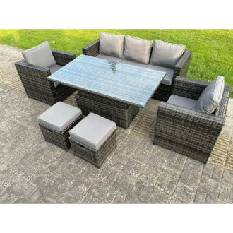 Fimous Fimous Rattan Gartenm&ouml;bel Set Outdoor Gartensofa Loungem&ouml;bel Sitzgruppe Essgruppe Garnitur mit Hocker Dunkelgrau Gemischt