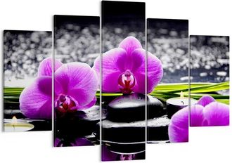 Arttor Bilder auf Leinwand 150x100cm Leinwandbild Orchidee Natur Wasser Blume Groß XXL Wanddeko Bild Schlafzimmer Set 5 teilige Wandbilder Dekoration Wohnzim