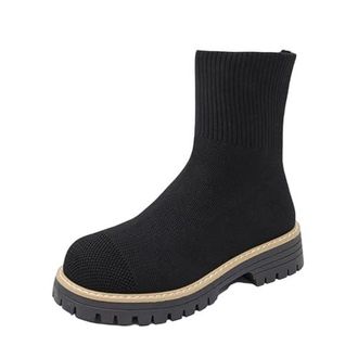 Generic Bottines Chelsea &eacute;l&eacute;gantes en tricot extensible &agrave; bout rond et talon &eacute;pais antid&eacute;rapant &eacute;lastique &agrave; enfiler Bottines Chelsea d&eacute;contract&eacute;es pour femme,