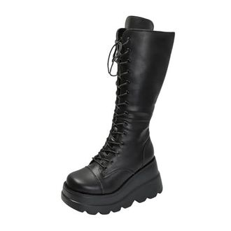 Generic Bottes mi-mollet compens&eacute;es &agrave; lacets pour femme - Bout rond - Semelle &eacute;paisse - Fermeture &eacute;clair - Style augmentant la hauteur - Bottes de grande tail