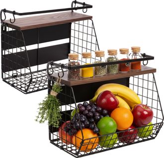 Relaxdays Obstkorb Wandregal 2er Set, Küchenorganizer magnetisch, HBT: 30x35,5x21 cm, Korb Metall, schwarz/Dunkelbraun