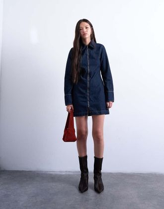 Topshop Robe courte en jean à manches longues et fermeture éclair - Indigo-Bleu