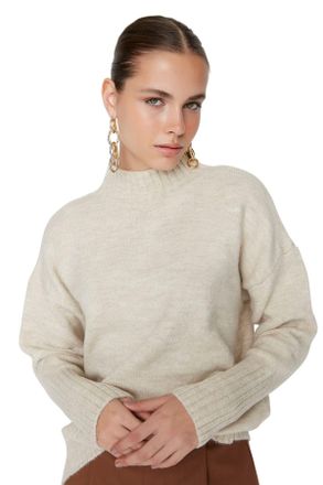 Trendyol Trendyol Damen Pullover mit hohem Halsausschnitt, einfarbig Sweatshirt, Natur, Small
