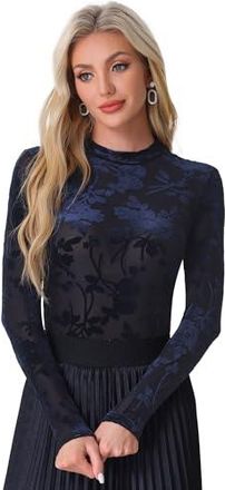 Allegra K Haut en Maille Transparente pour Femmes, t-Shirt à col Montant en Velours imprimé FloralBleu foncé M