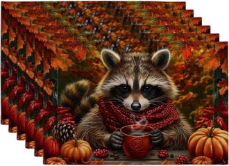 Generic Herbst Waschbär Platzsets, Warmorange Tier Platzsets für Esstisch, rutschfest Waschbar Indoor Outdoor Party Dekoratives Tischset 6er Set