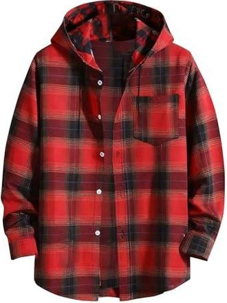 Generic Chemise &agrave; carreaux boutonn&eacute;e pour homme avec cordon de serrage - Sweat &agrave; capuche d&eacute;contract&eacute; &agrave; manches longues avec poche pour un usage quotidien athl