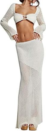 Generic Robe Blanche Courte Femme - Dames Temp&eacute;rament Sexy Crop Cordon &Agrave; Manches Longues Sac Fesse Casual Tricot&eacute; Midi Jupe Costume Barboteuses Hautes pour Fe