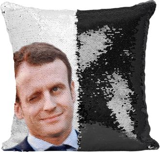 Fabulous Kissen mit Paillettenbezug Schwarz Macron Wink Präsident Frankreich Humor