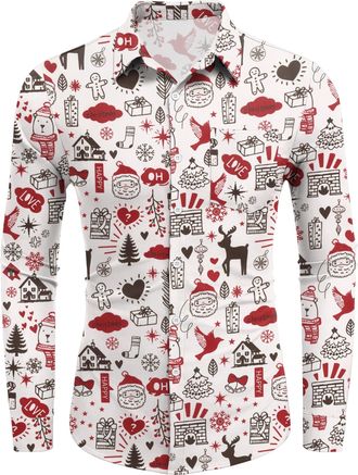 Coofandy Weihnachtshemd Herren Langarm Hemden Gedruckte Weihnachten Hemd Christmas Shirt Freizeithemd Festival Hemden f&uuml;r M&auml;nner Weihnachtswei&szlig; XXL