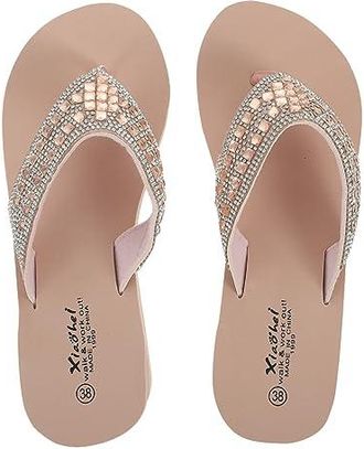 Frcolor SAFIGLE Sandales Plage Femme à Talon Compensé Dérapant avec Perles et Chaussures été Confortables pour Marche Extérieure Rose