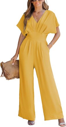 Cupshe Damen Jumpsuit V-Ausschnitt Kurze Dolman-Ärmel Overall Weites Bein Strampler Lang Playsuit Sommer Elegant Hosenanzug Gelb XL