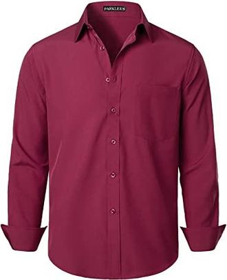 PARKLEES Chemise habillée à manches longues pour homme - Coupe classique - Sans plis - Style décontracté - Avec poche, bordeaux, XXL