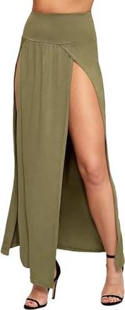 WearAll Femmes Double Split Maxi Longue Jupe Mesdames Plaine Base Deux Fentes De Côté - Kaki - 40-42