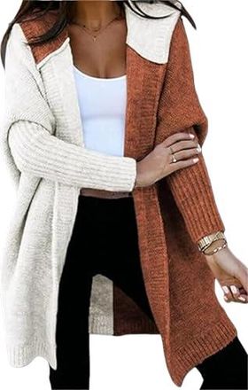 Generic Cardigan en tricot &agrave; capuche &agrave; manches longues ouvert sur le devant pour femme, v&ecirc;tements dext&eacute;rieur en tricot &agrave; capuche pour femmes, Blanc + rouge or