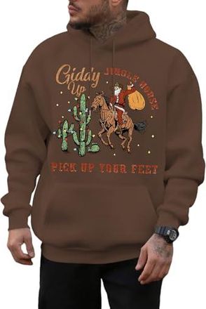 Generic Sweat &agrave; capuche de No&euml;l pour homme | Cowboy Santa Oversize - Sweat &agrave; capuche &agrave; manches longues pour lautomne | pour v&ecirc;tements de rue, caf&eacute;, 3XL