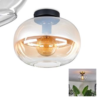 HOFSTEIN Deckenleuchte Apedo, Deckenlampe aus Metall/Glas in Schwarz/Bernsteinfarben/Klar, Leuchte im modernen Retro/Vintage-Design mit Schirm aus Glas (&Oslash; 30 c