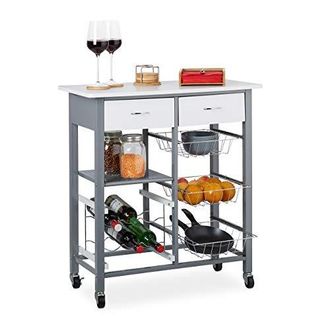 Relaxdays Küchenwagen, 2 Schubladen, 3 Körbe, Weinregal, Ablage, Servierwagen mit Arbeitsfläche, HBT: 84x76x40 cm, weiß