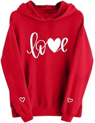 Generic Sweat &agrave; capuche rouge imprim&eacute; Saint-Valentin pour femme, sweatshirt avec poche, pull d&eacute;contract&eacute; &agrave; manches longues pour femme, Red-love 2, 3XL